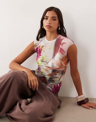 AFRM Nina - Top &agrave; mancherons en tulle avec imprim&eacute; fleurs - Pastel-multicolore
