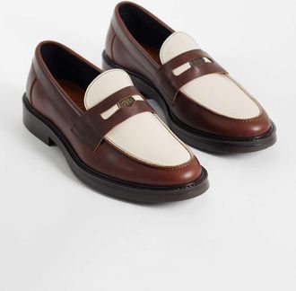 Noak Mocassins fabriqu&eacute;s au Portugal avec d&eacute;tail pi&egrave;ce de monnaie en cuir - Marron et cr&egrave;me