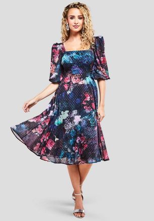 Goddiva Midikleid Puff Sleeve Shirred Back Midi Dress Puff&auml;rmel, floraler Print, gesmokter R&uuml;cken, Jerseyfutter, A-Linie