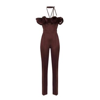 Elisabetta Franchi Stretch-Satin-Jumpsuit mit Maxi-Volant - - Jumpsuits & Playsuits - Damen - Braun - S