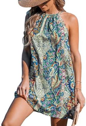 Cupshe Mini robe bohème sans manches à nouer dans le dos nu pour femme, Motif cachemire bleu, Taille S