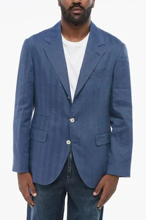 Brunello Cucinelli Slim-Fit-Blazer aus Leinenmischung im Fischgr&auml;tmuster Brunello Cucinelli