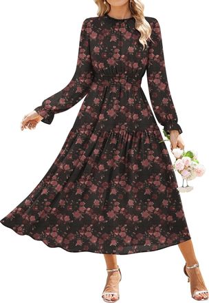 Grace Karin Damen Boho Chiffonkleid Langarm Rundhalsausschnitt Casual Elegant Blumen Maxikleid CL0211-09/Rosa auf Schwarz XXL