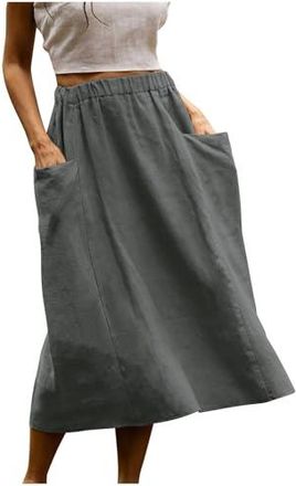 Generic Jupe midi en coton et lin pour femme, jupe dété décontractée taille haute élastique avec poches, jupes pour femmes, gris, XL