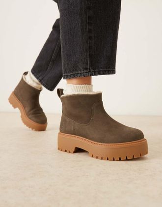 Timberland Stone Street - Chelsea-Stiefel aus dunkelbraunem Leder mit Plateausohle und Teddy-Futter-Brown