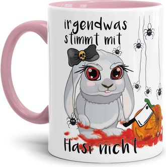 Tassendruck Hasi-Tasse Halloween - Witzig/Hasi/Schön/Lustig/Geschenk - Irgendwas stimmt mit Hasi Nicht - Innen & Henkel Rosa