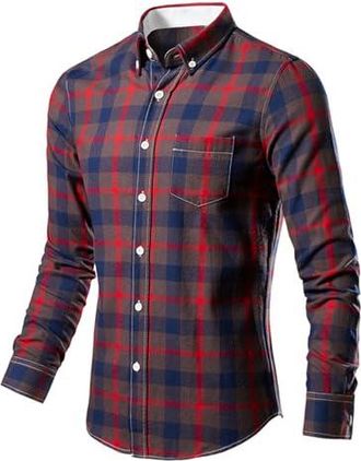 Generic Chemise &agrave; carreaux &agrave; manches longues pour homme - Chemise &agrave; carreaux avec poches - Chemise &agrave; manches longues - Coupe ajust&eacute;e - Tendance - Affaires for
