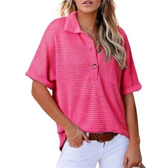 Generic Tunique Henley à manches courtes en tricot gaufré pour femme, chemisier boutonné dinspiration vintage, col en V, haut gaufré dété 2025, rose rouge, XX