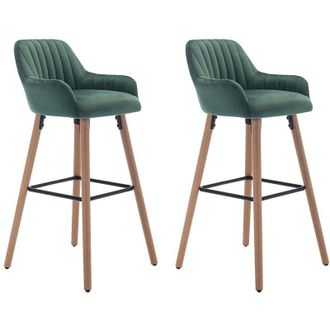 Vente-Unique Lot de 2 tabourets de bar en velours et pieds bois de h&ecirc;tre - Vert fonc&eacute; - ELEANA