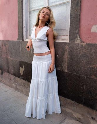Daisy Street x Emma Jean - Jupe densemble longue en broderie anglaise avec taille basse et volants &eacute;tag&eacute;s - Blanc