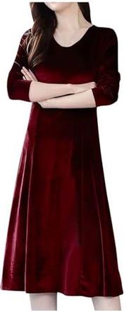 Generic Robe de cocktail mi-longue en velours à manches longues pour femme, Rouge, 3XL