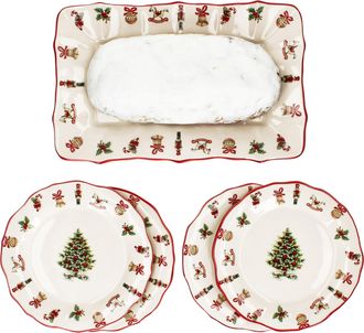 MamboCat Maestro Natale 5tlg Stollen-Set I italienisches Keramik-Geschirr für 4 Personen mit Weihnachtsdekor I 1x Stollenplatte & 4X Kuchenteller für Weihnacht