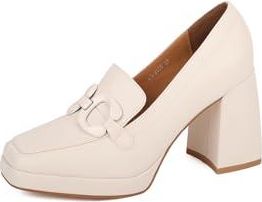 Queen Helena Mocassins à talons larges chaussures élégantes avec boucle femme ZM9616, beige, 36 EU