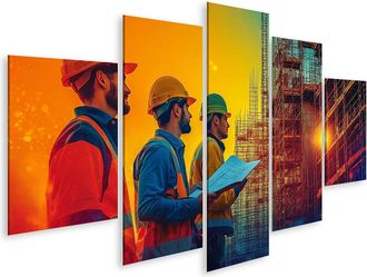 Islandburner Bild auf Leinwand Bauarbeiter bei Sonnenuntergang auf der Baustelle f&uuml;r Wohnzimmer Architekten Baustoffhandel Bilder Wandbilder Poster