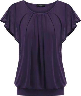 Zeagoo Damen Falten Blusen Fledermaus &Auml;rmel Elegant Tunika Shirts Rundhals Mesh Doppellagige Oberteile Dunkellila XXL