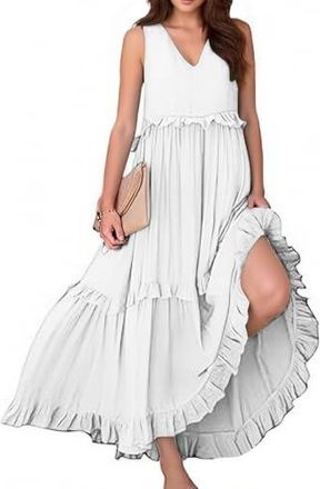 Generic Robe boh&egrave;me 2026 pour femme, col sans manches avec plis superpos&eacute;s, coupe ample et jupe longue fluide, &eacute;l&eacute;gante et d&eacute;contract&eacute;e, plage, blanc, XXL