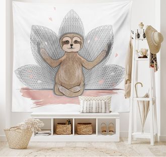 Abakuhaus Faultier Wandteppich und Tagesdecke, Kleine Sloth Meditation aus Weiches Mikrofaser Stoff Waschbar ohne Verblassen Digitaldruck, 230 x 140 cm,Rosa Bra
