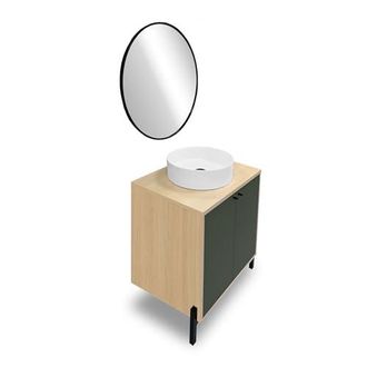 Demeyere Meuble Vasque avec Miroir Lumineux Salle De Bain, Lavabo C&eacute;ramique Et 2 Portes & 1 Etag&egrave;re en Bois - Coloris Vert Min&eacute;ral & Ch&ecirc;ne Vincenza - 69,2 x 78