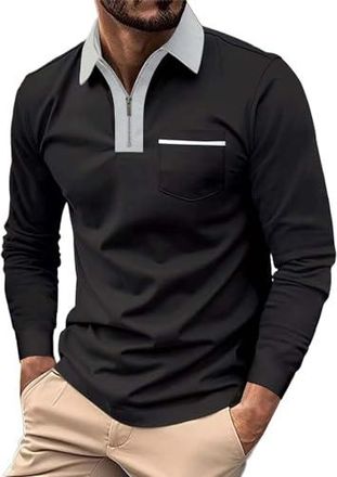 Generic Polo pour homme adulte, t-shirt &agrave; manches longues, col standard, fermeture &eacute;clair 1/4 avec poche poitrine, coupe d&eacute;contract&eacute;e, couleur unie, t-shirt H