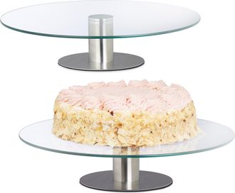 Relaxdays 2 x Tortenplatte drehbar, Standfuß, Kuchenplatte zum Dekorieren, Torten Drehteller für Kuchen, Ø 30cm, transparent