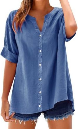 Onsoyours Chemisier Femme Chic et Élégant Chemise Coton et Lin pour Femmes Col en V Bouton Manches Courtes Tops Couleur Unie LâChe Respirant T-Shirts A Bleu XL