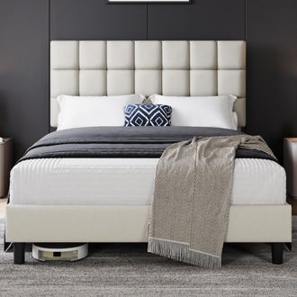 Yaheetech Bettgestell mit gepolstertem Kopfteil, Lattenrost aus Holz, quadratisches Kopfteil h&ouml;henverstellbar, modern, Beige, 140 x 200 cm