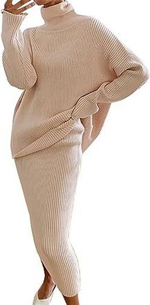 Generic Robe en Tricot Femme 2 Pièces Ensembles Uni Manches Longues Pullover Haut et Jupe Tricoté Pull à Col Roulé Robe Tricotée Combinaisons Aotumne Hiver Mi