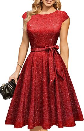 Dresstells Cocktailkleid Damen Glitzerkleid Rockabilly Abendkleider Elegant Hochzeitsgast Silvester Outfit Swing Festliche Weihnachtskleid Glitter Red L