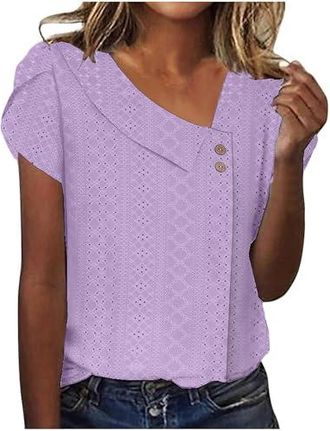 Generic Haut à manches pétales élégant en dentelle à oeillets et col en V pour femme - Col asymétrique - Haut dété tendance décontracté à manches courtes - T-