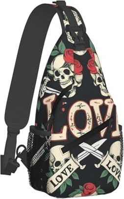 Generic Casual Sacoche Tactique Roses rouge, cr&acirc;nes en sucre, fleurs Sacs &agrave; Bandouli&egrave;re Multifonction Sac Poitrine pour Homme Voyage Femme