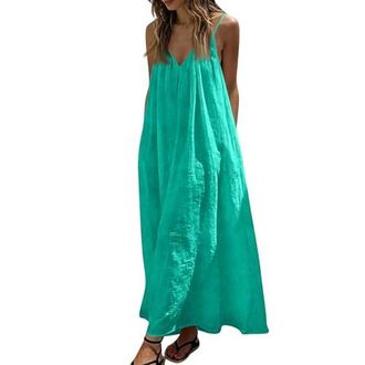 Generic Robe de vacances d&eacute;t&eacute; pour femme en coton l&eacute;ger avec col en V et noeud dans le dos, robe d&eacute;t&eacute; fluide sans manches avec poches, v&ecirc;tement de voyage, Ver