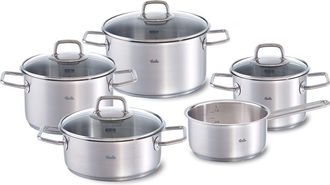 FISSLER Viseo/Edelstahl-Topfset, 5-teilig, Kochtopf-Set, T&ouml;pfe mit Glas-Deckel, Induktion, alle Herdarten (3 Kocht&ouml;pfe, 1 Bratentopf, 1 Stielkasserolle-deckel