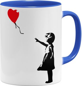 OM3 Banksy Kaffee-Tasse mit Balloon Girl - Street Art Graffiti Stencil - Keramik Becher - 325ml - Beidseitig Bedruckt - Blau