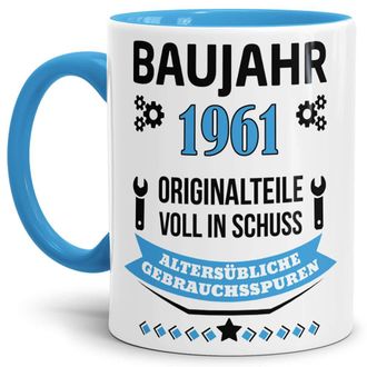 Tassendruck Geburtstags-Tasse Baujahr 1961 Innen & Henkel Hellblau/Kaffee-Tasse/Mug/Cup/Becher/Lustig/Witzig/Fun/Geschenk-Idee/Geburts-Jahr/Scherz-Artikel/Geburts