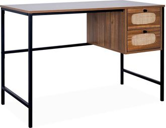 Sweeek Sweeek - Bureau r&eacute;tro d&eacute;cor bois et cannage avec pi&egrave;tement et poign&eacute;es en m&eacute;tal noir
