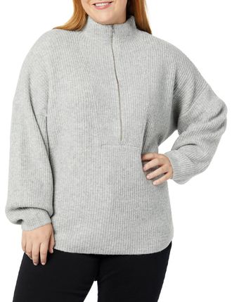 Amazon Essentials Damen Stretch-Pullover aus mittelgrobem Strick mit halblangem Reißverschluss und Polokragen (Früher Daily Ritual), Grau Meliert, L