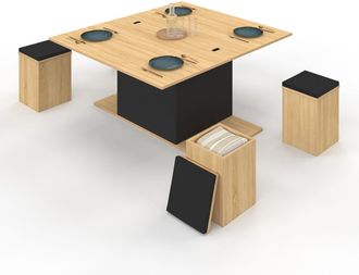 IDMarket Rechteckiger Couchtisch, klappbar, umbaubar in einen Esstisch Eden, Holz und Schwarz, mit Hocker