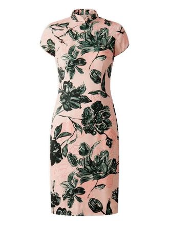 Shanghai Tang robe mi-longue imprimée à col montant - Rose