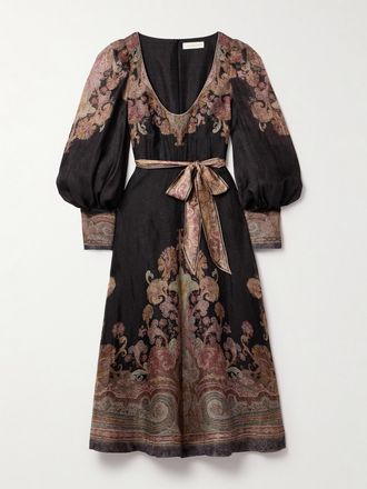 Zimmermann Robe Midi En Organza De Lin Et De Soie Mélangés Imprimé À Ceinture Illustration - Noir