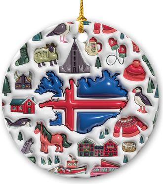 Generic Keramik Weihnachts Ornamente Island Isl&auml;ndische Flagge Mit Symbolen Island Weihnachtsdekoration Christbaum Schmuck Mit Seil 7.3Cm