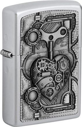 Zippo Sturmfeuerzeug - Steampunk Heart, Satin Chrome, Emblem - Nachfüllbar - Wiederverwendbar - Windfestes Design - Geschenkbox - Made in USA