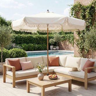 Sweeek Parasol HOSSEGOR droit &agrave; franges 2m. beige. acier. m&acirc;t effet bois. UPF 30+. D 200 x H 225 cm