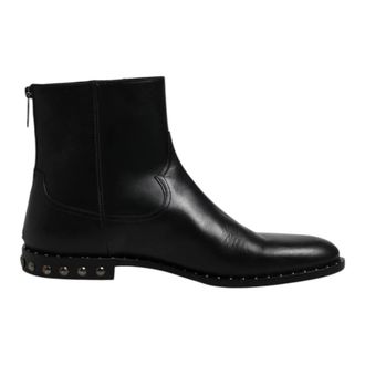 Dolce & Gabbana Schwarze Leder-Logo-Stiefeletten mit Nieten - - Shoes - Herren - Schwarzk - 44 EU