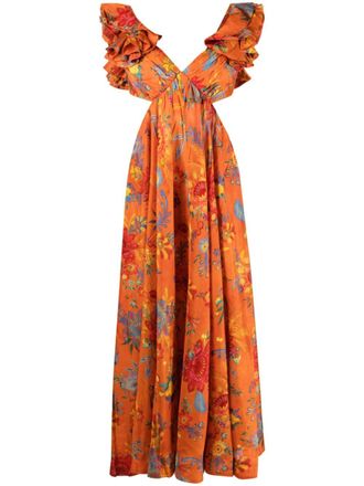 Zimmermann Midi-Seidenkleid mit Blumen-Print - Orange