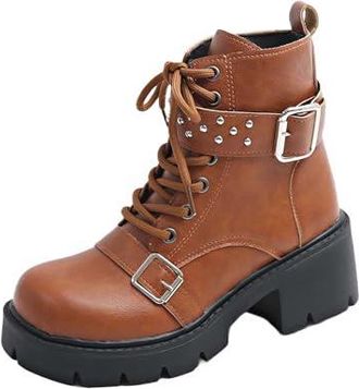 Generic Bottes &agrave; lacets en similicuir pour femme - Style moto - Fermeture &eacute;clair lat&eacute;rale - Talon &eacute;pais - Confortables - Pour f&ecirc;te en plein air, marron, 40.5 