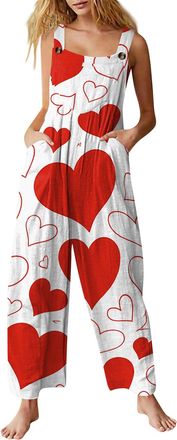Generic Valentinstag Latzhose f&uuml;r Damen L&auml;ssige &auml;rmellose Jumpsuits mit weitem Bein Herz Grafik Festliche Einteiler Jumpsuit mit Taschen Vermilion XXL