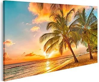 Islandburner Tableau d&eacute;coratif Beau coucher de soleil sur la mer avec une vue sur les palmiers sur la plage blanche sur une &icirc;le des Cara&iuml;bes de Barbe Impressions A