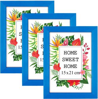 MG Design Set aus 3 Blau Bilderrahmen 15 x 21 cm - Aus echtem Holz mit Acrylglas, zum Aufh&auml;ngen & Aufstellen, f&uuml;r Fotos, Poster & Puzzle