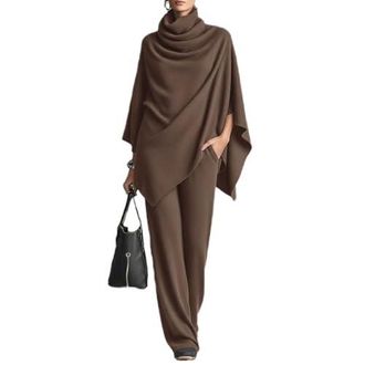 Generic Tenues 2 pi&egrave;ces pour femme - Col roul&eacute; - Ch&acirc;le - Chauve-souris - Hauts tricot&eacute;s - Cape - Poncho - Pantalon large - &Eacute;l&eacute;gant drap&eacute; - Ensemble deux pi&egrave;ce