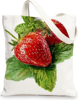 Generic Sacs fourre-tout en toile motif fraise, respectueux de lenvironnement, réutilisables, chics, modernes, légers et lavables, blanc, 13x15 Inch